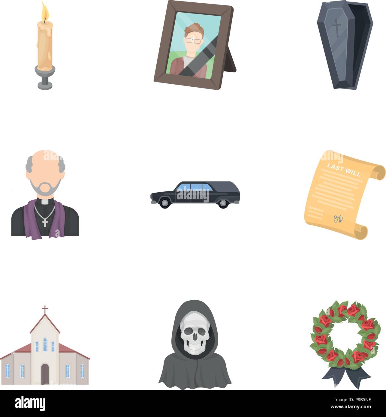 Funeral ceremony, cemetery, coffins, priest.Funeral ceremony icon in ...