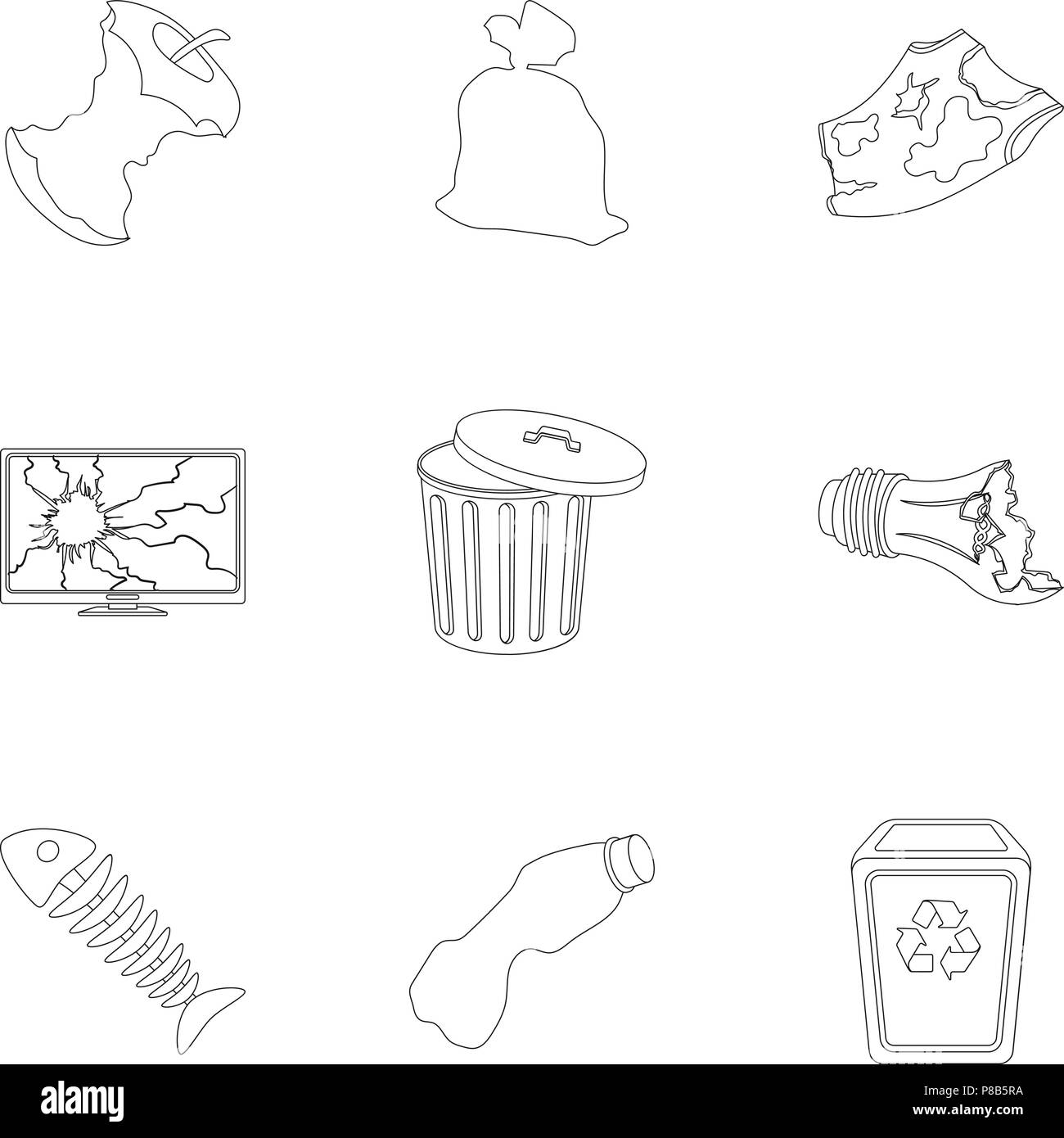 Trash and garbage set icons in outline design. Big collection of trash ...