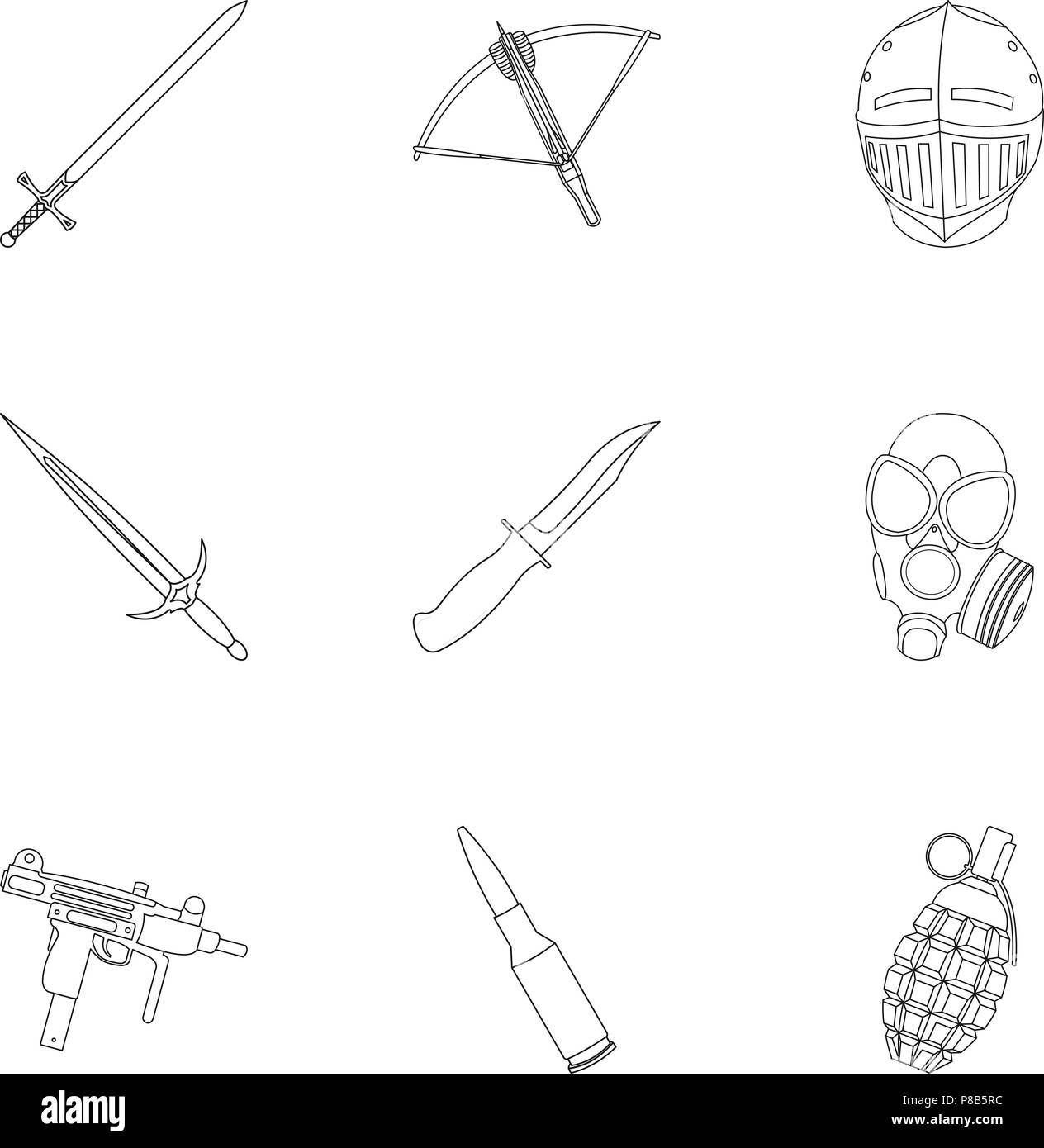 Weapon set icons in outline style. Big collection of weapon vector ...