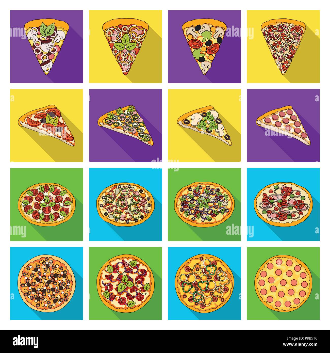 Different pizza flat icons in set collection for design.Pizza food ...