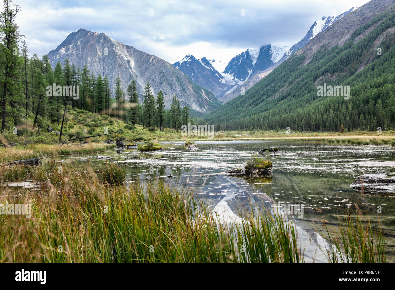 mountain landscape with scenic valley and lake, Altai, Russia Stock ...