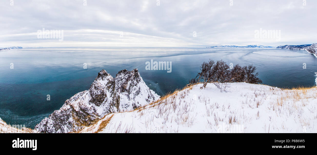 beautiful landscape with shore and scenic frozen Sea of Okhotsk ...