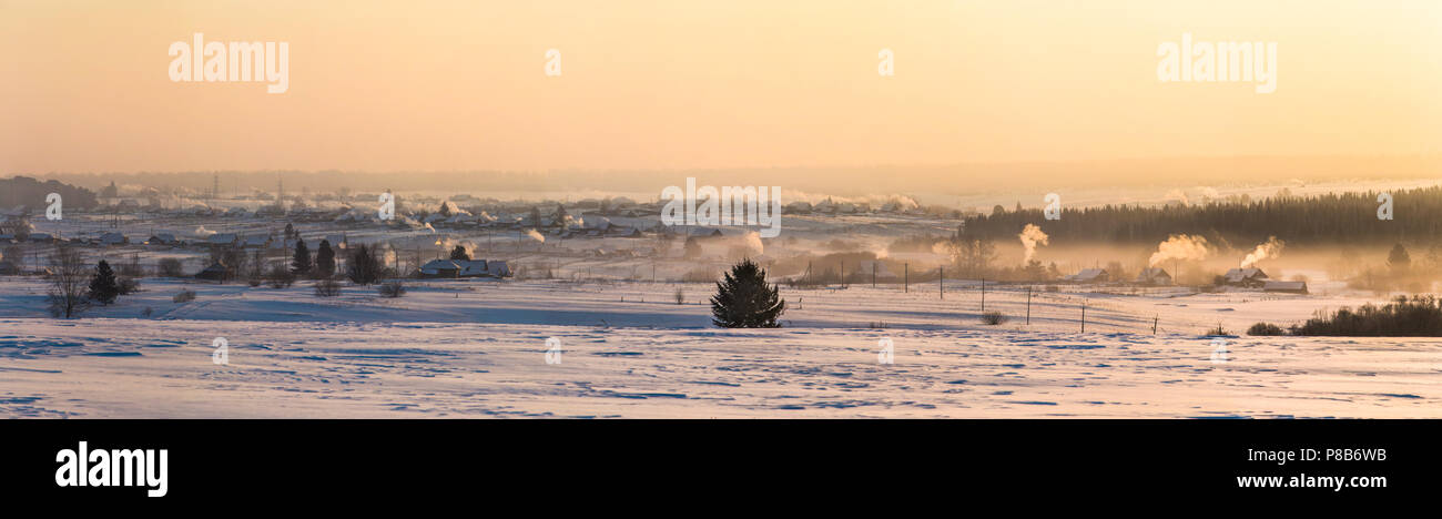 beautiful winter landscape and village at countryside at sunset, kazan ...