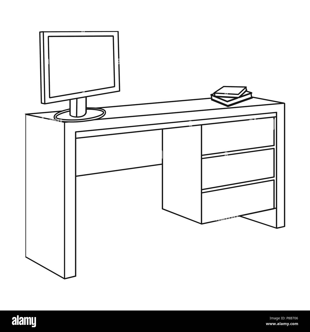 A desk with a computer and books. Furniture and interior single icon in ...