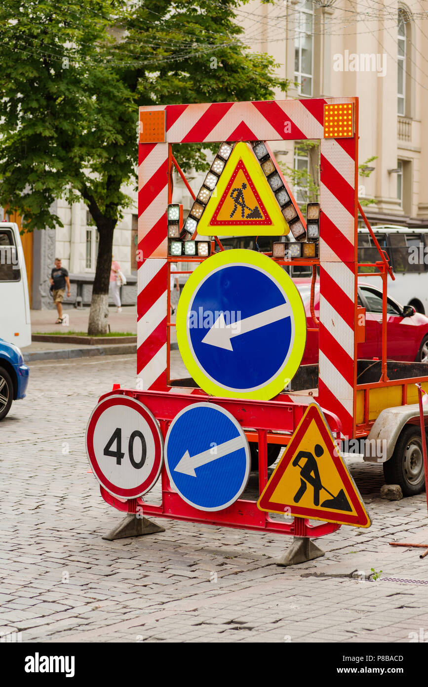 Road signs when repairing a road Stock Photo - Alamy