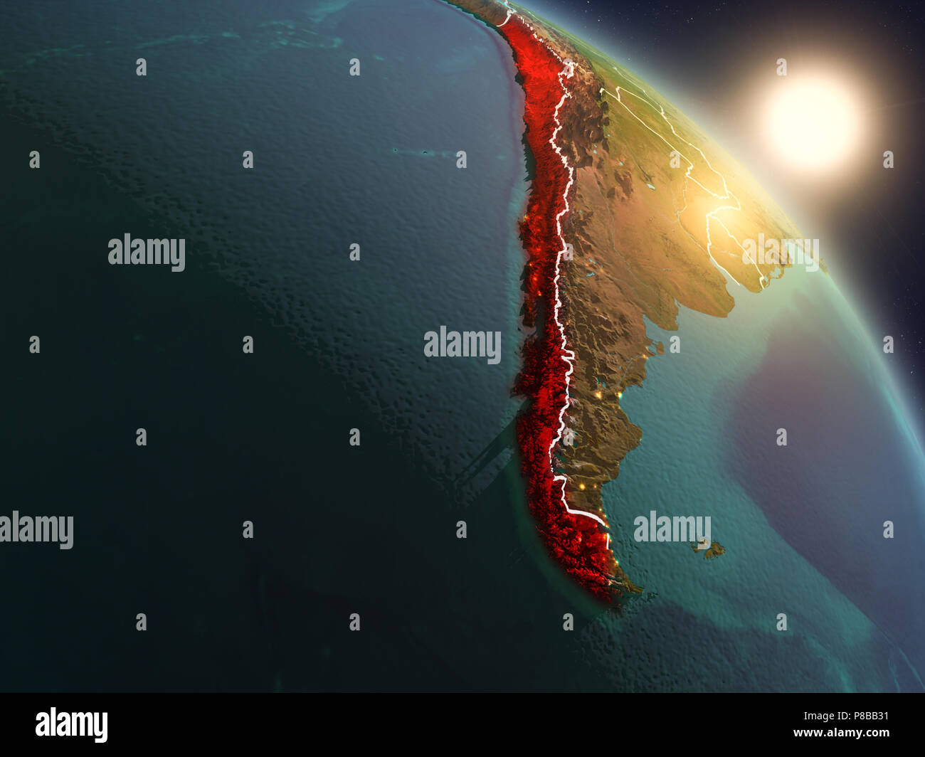 Sunset above Chile from space on planet Earth with visible country ...