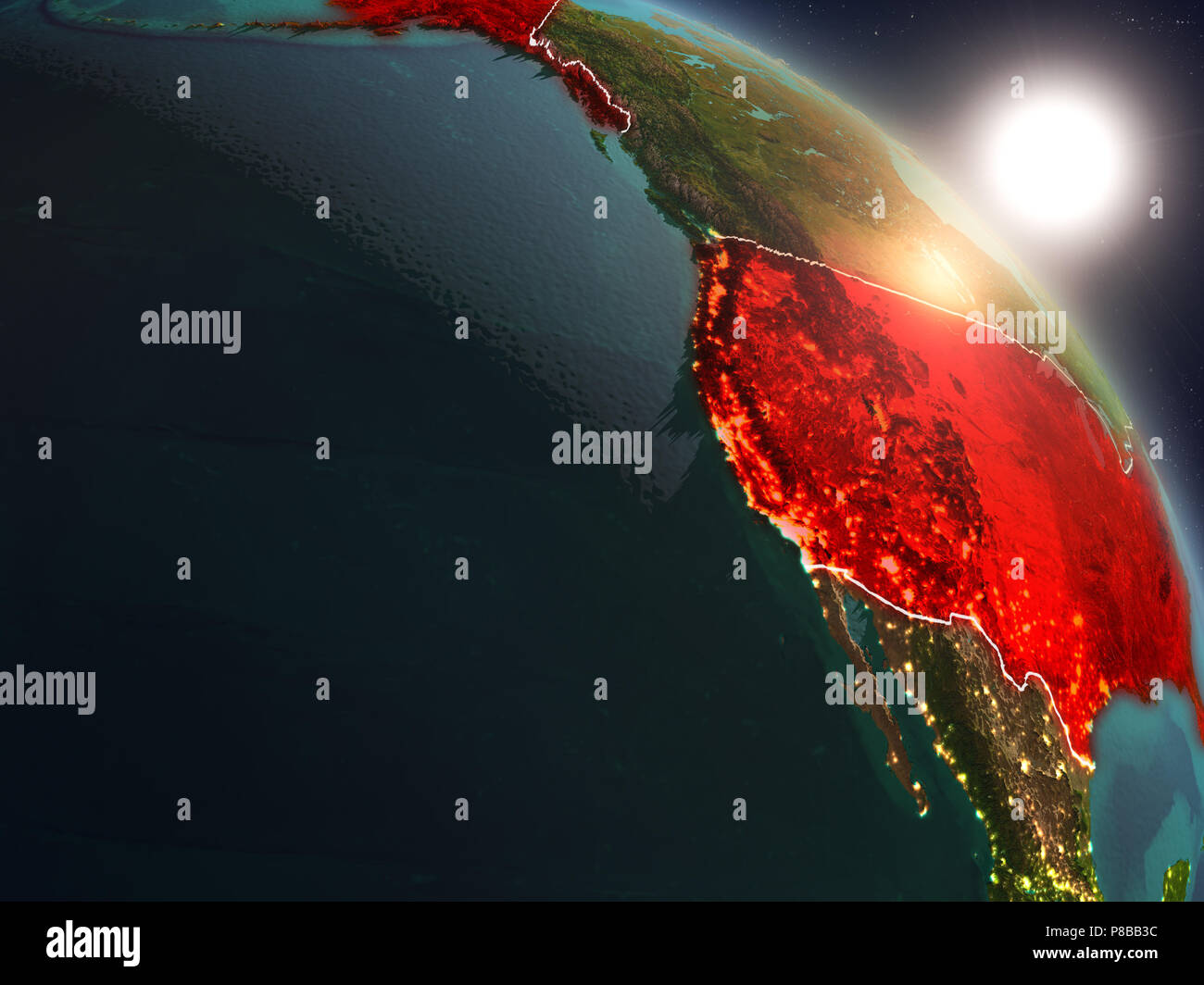 Sunset above USA from space on planet Earth with visible country ...