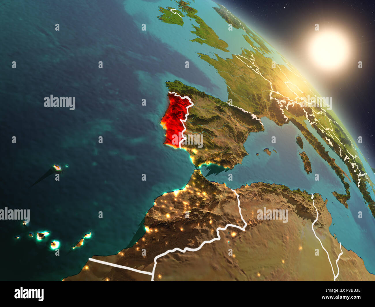 Sunset above Portugal from space on planet Earth with visible country ...