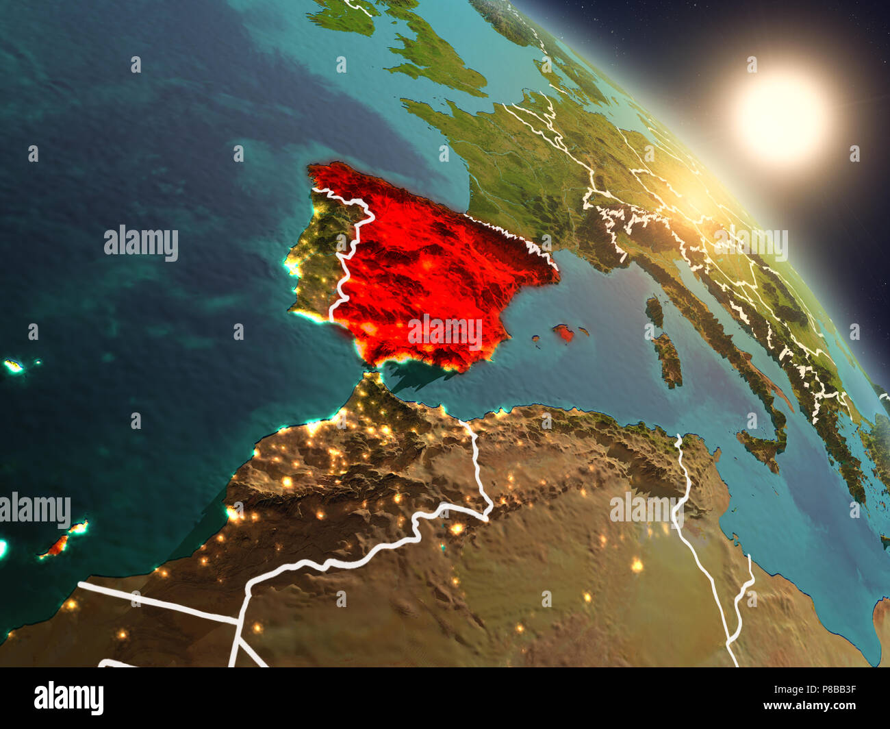 Sunset above Spain from space on planet Earth with visible country ...
