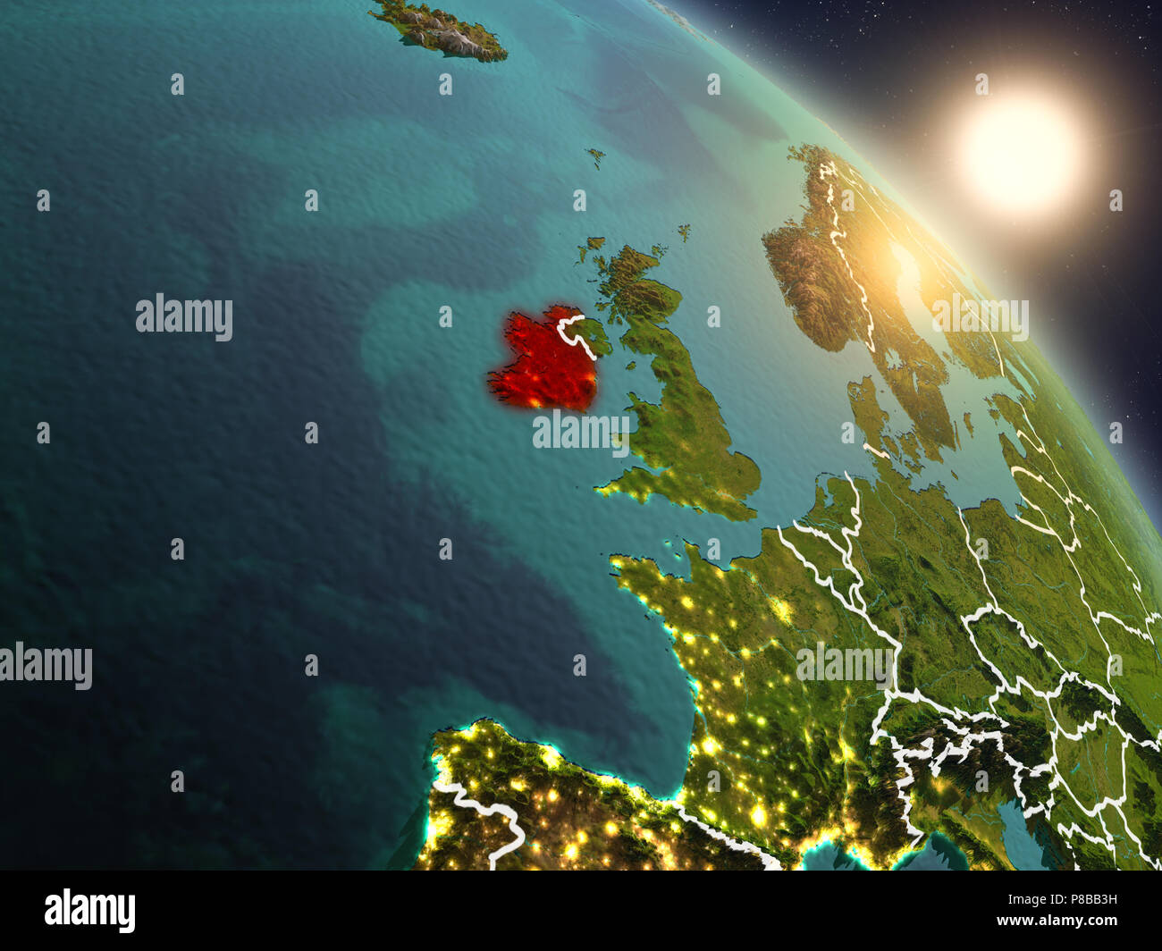 Sunset above Ireland from space on planet Earth with visible country ...