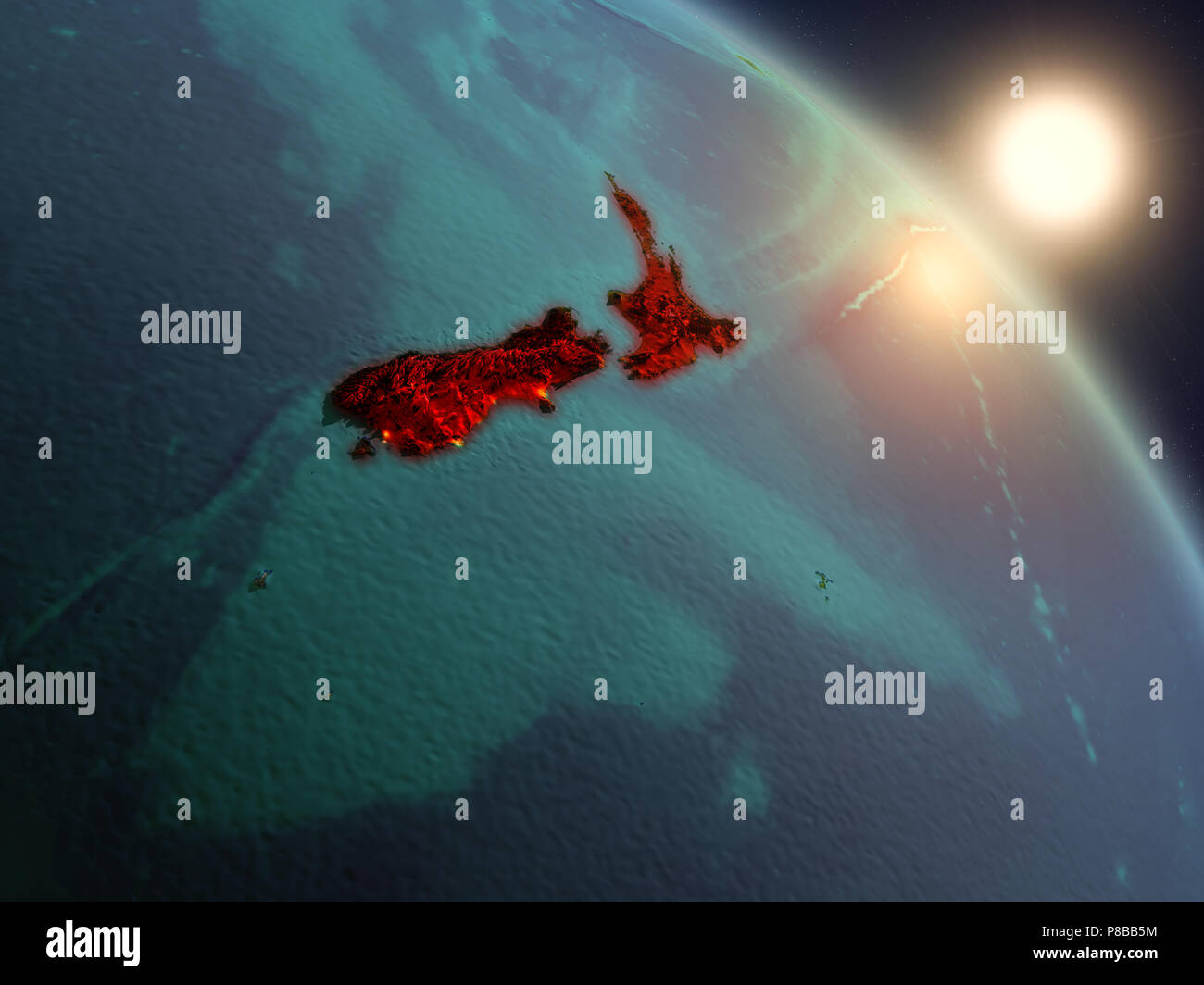 Sunset above New Zealand from space on planet Earth with visible ...
