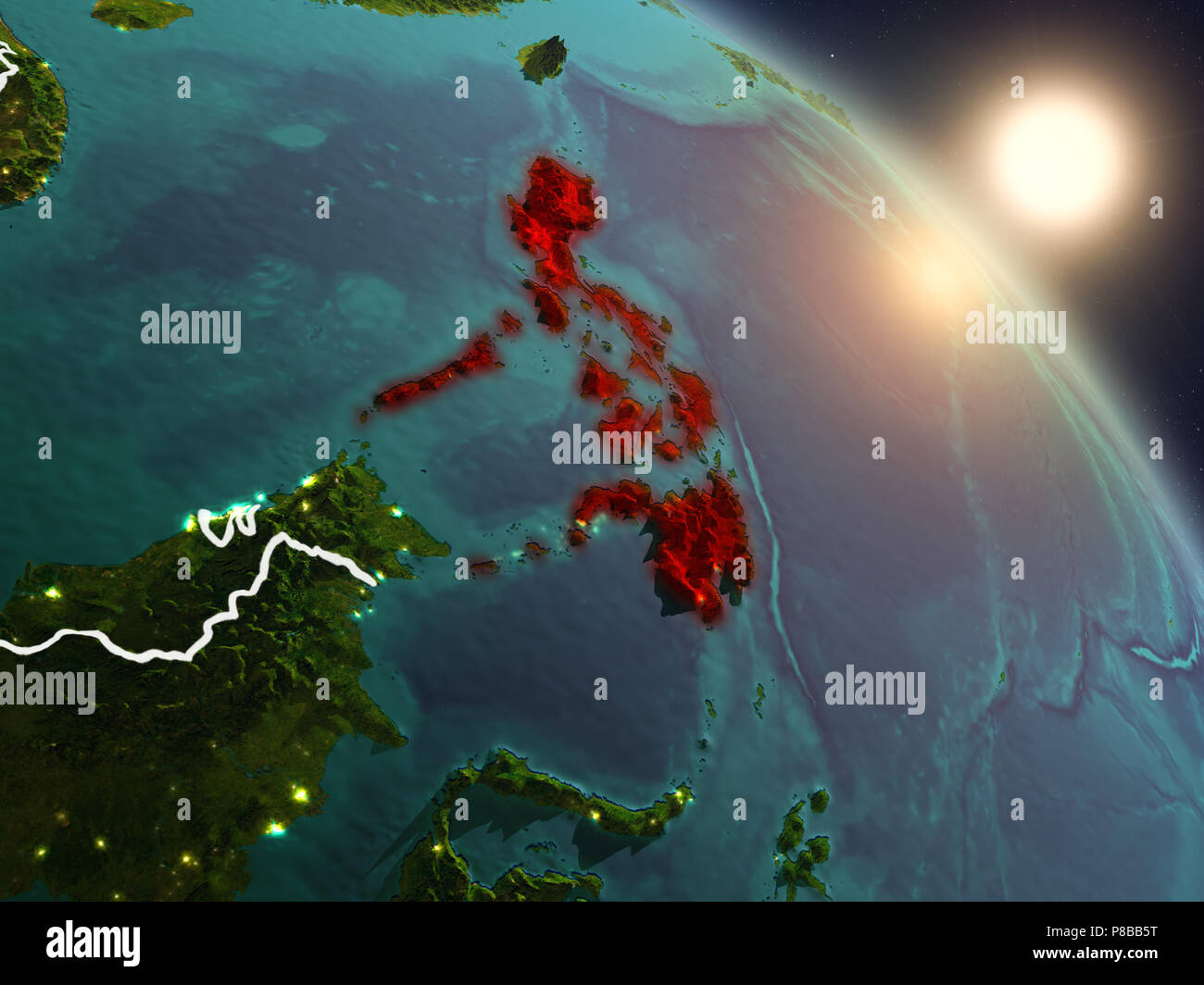 Sunset above Philippines from space on planet Earth with visible ...