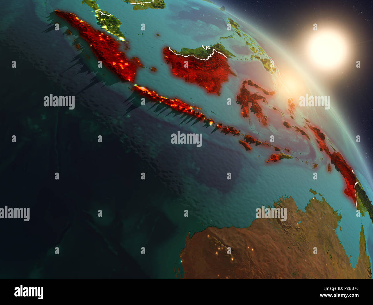 Sunset above Indonesia from space on planet Earth with visible country ...