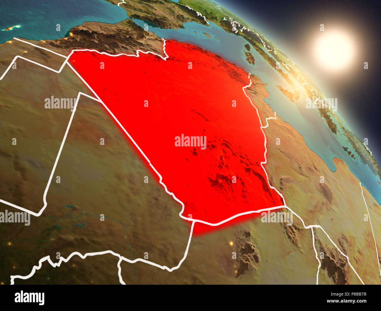 Sunset above Algeria from space on planet Earth with visible country ...