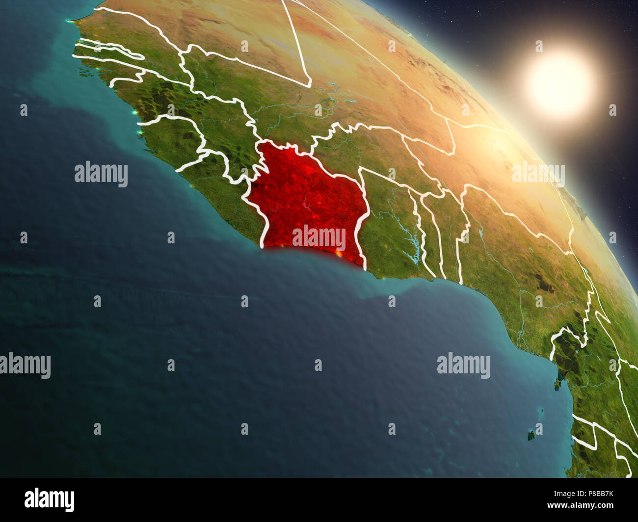 Sunset above Ivory Coast from space on planet Earth with visible ...