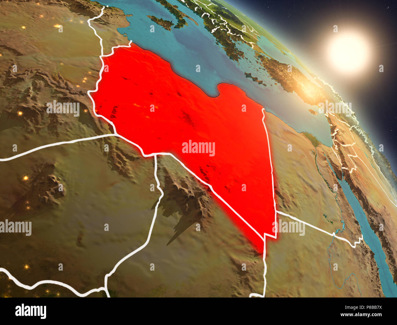 Sunset above Libya from space on planet Earth with visible country ...