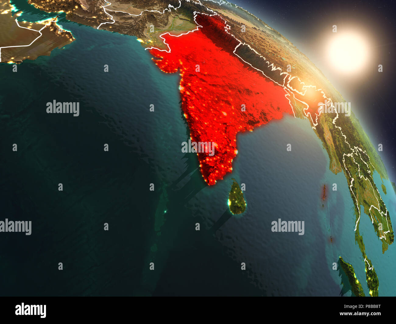 Sunset above India from space on planet Earth with visible country ...