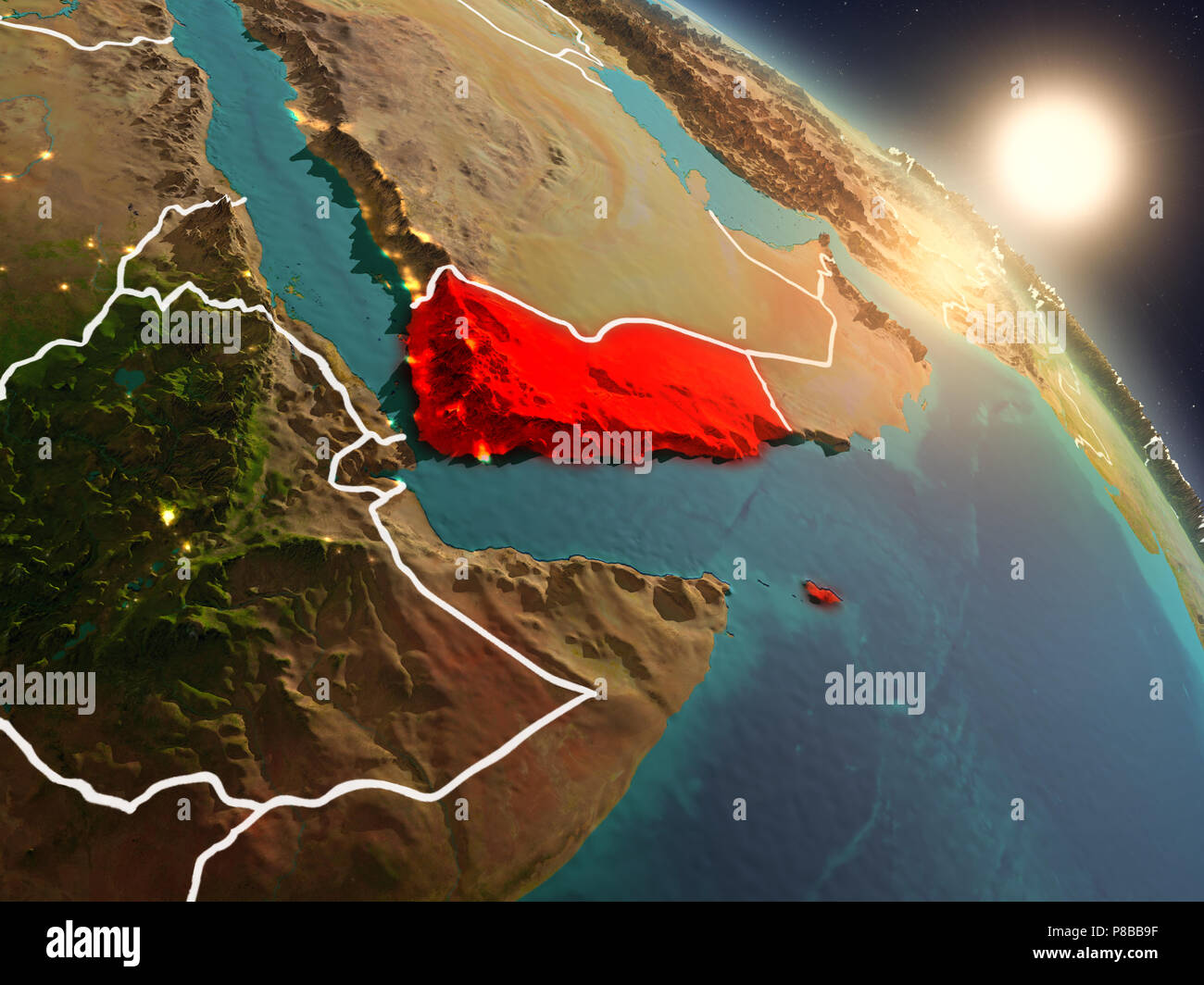 Sunset above Yemen from space on planet Earth with visible country ...