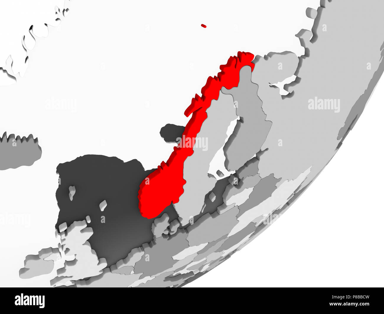 Illustration of Norway highlighted in red on grey globe with ...