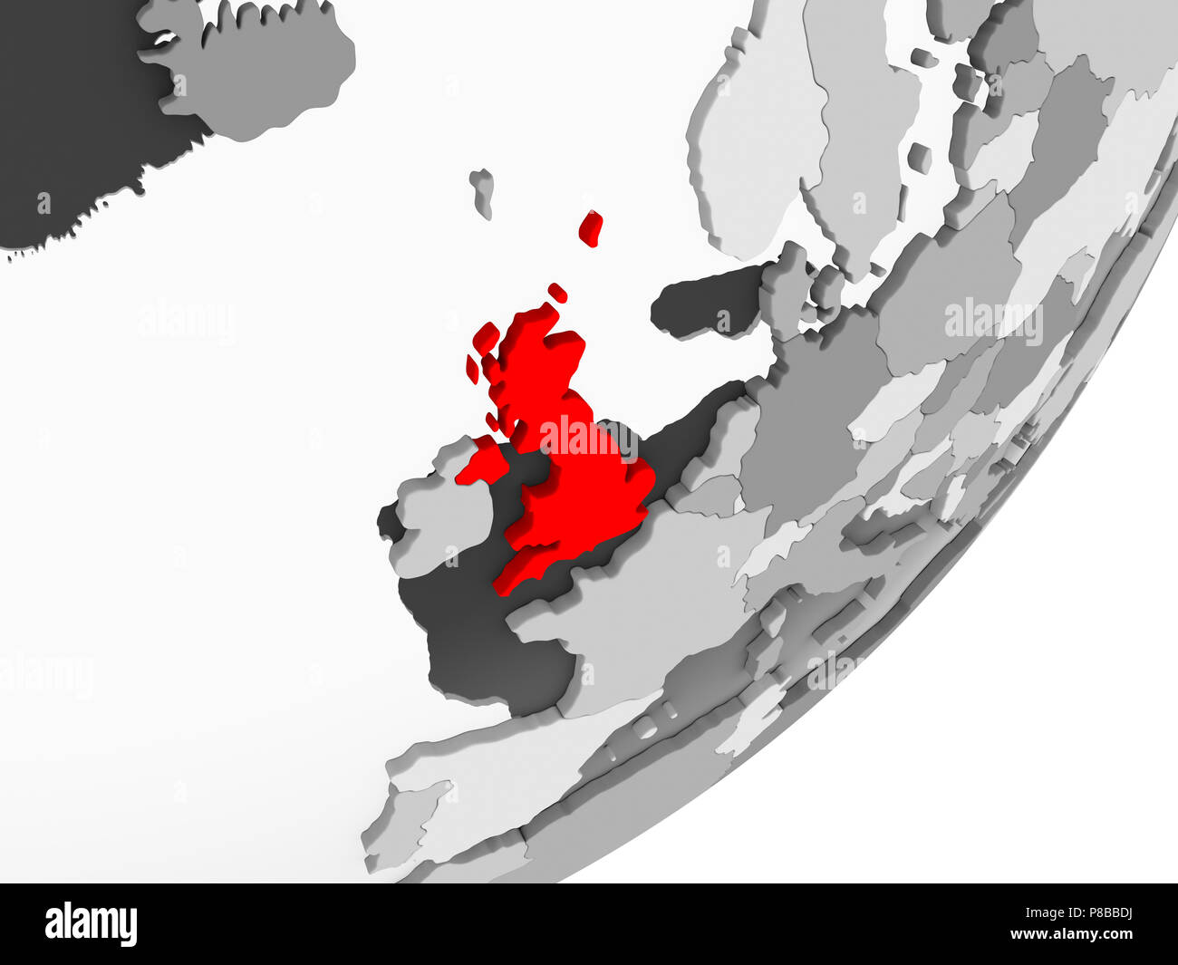 Illustration of United Kingdom highlighted in red on grey globe with ...