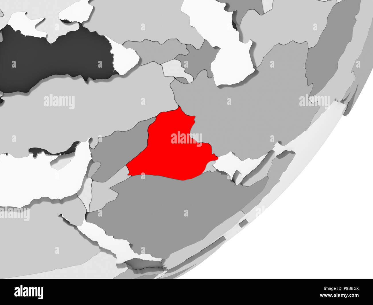 Illustration of Iraq highlighted in red on grey globe with transparent ...