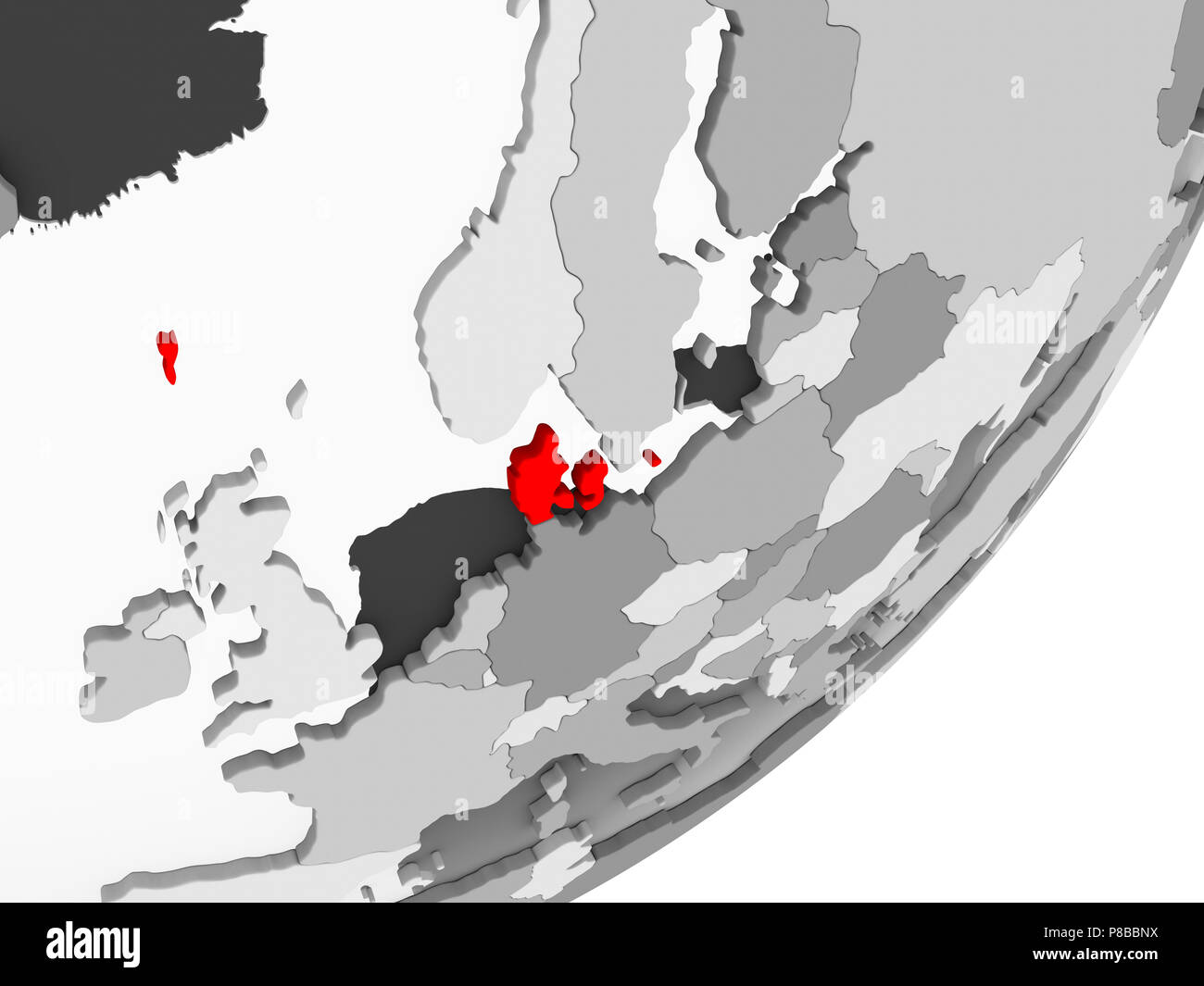 Illustration of Denmark highlighted in red on grey globe with transparent oceans. 3D ...
