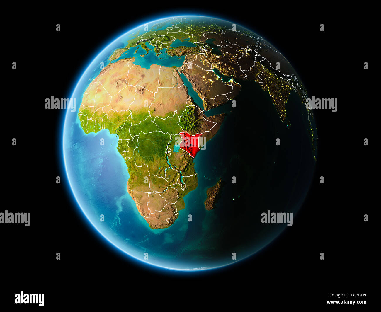 Kenya from orbit of planet Earth at night with highly detailed surface ...