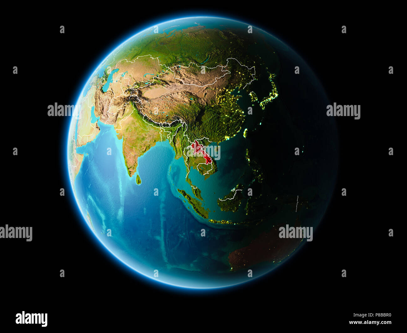 Laos from orbit of planet Earth at night with highly detailed surface ...