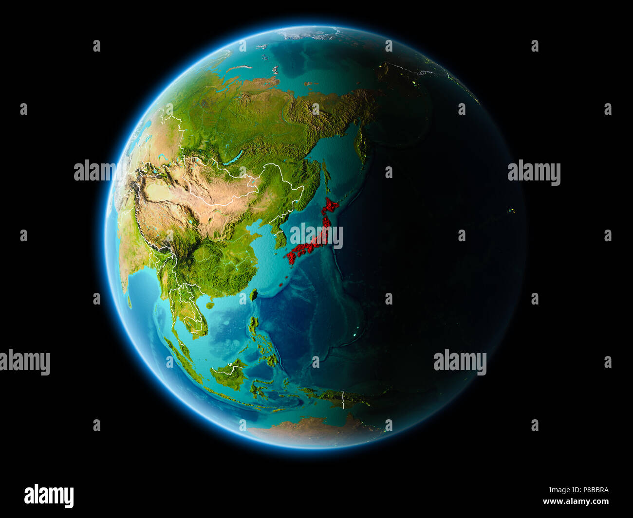 Japan from orbit of planet Earth at night with highly detailed surface ...