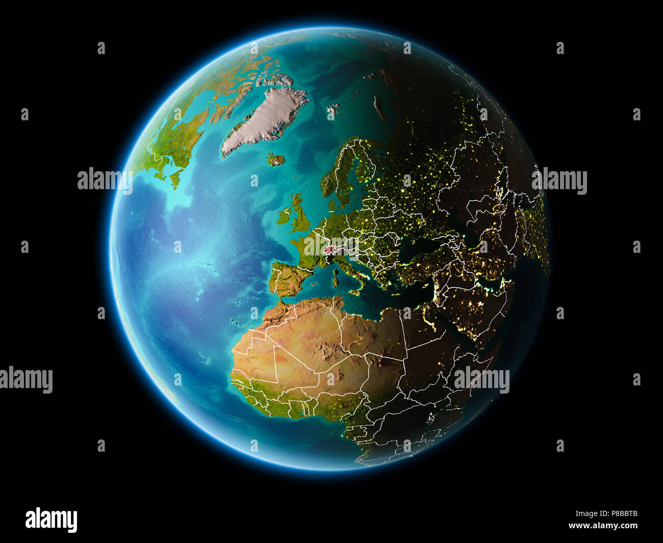 Switzerland from orbit of planet Earth at night with highly detailed ...