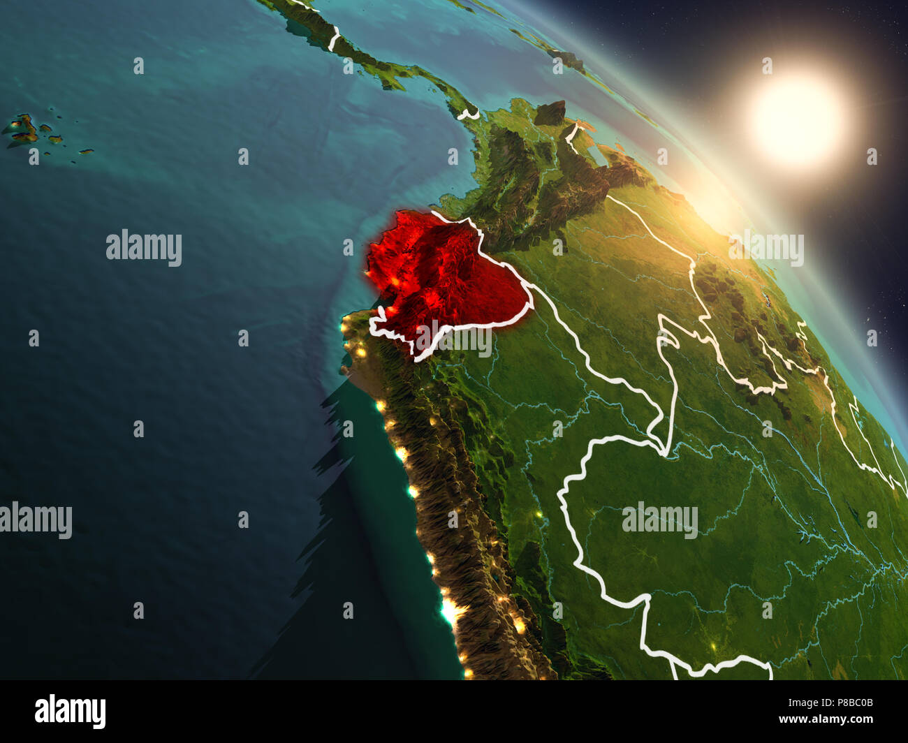 Sunset above Ecuador from space on planet Earth with visible country ...