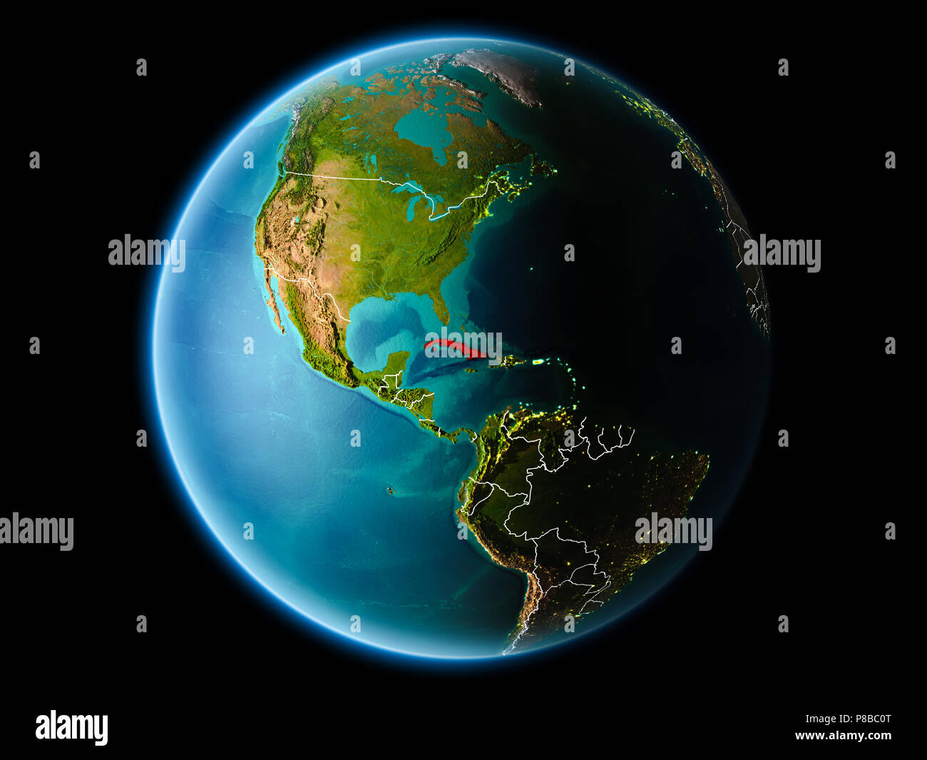 Cuba from orbit of planet Earth at night with highly detailed surface ...