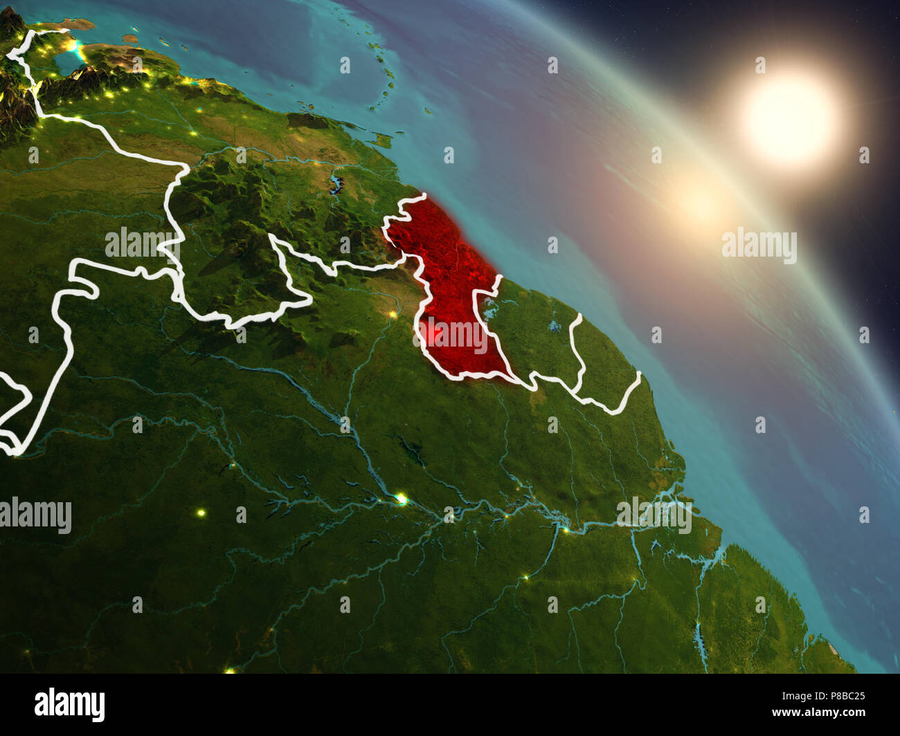 Sunset above Guyana from space on planet Earth with visible country ...