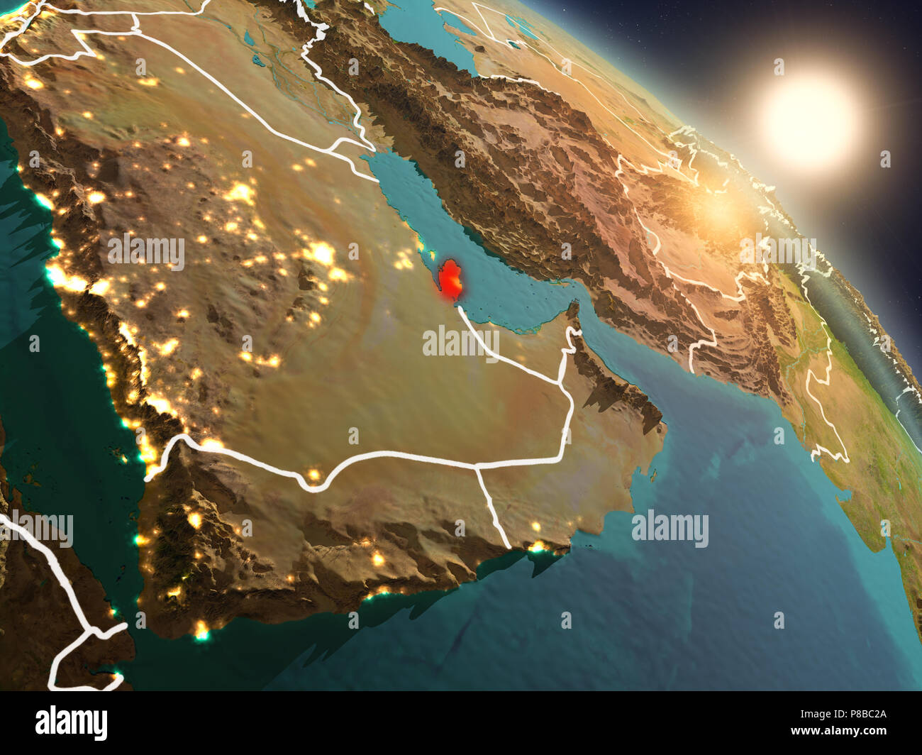 Sunset above Qatar from space on planet Earth with visible country ...
