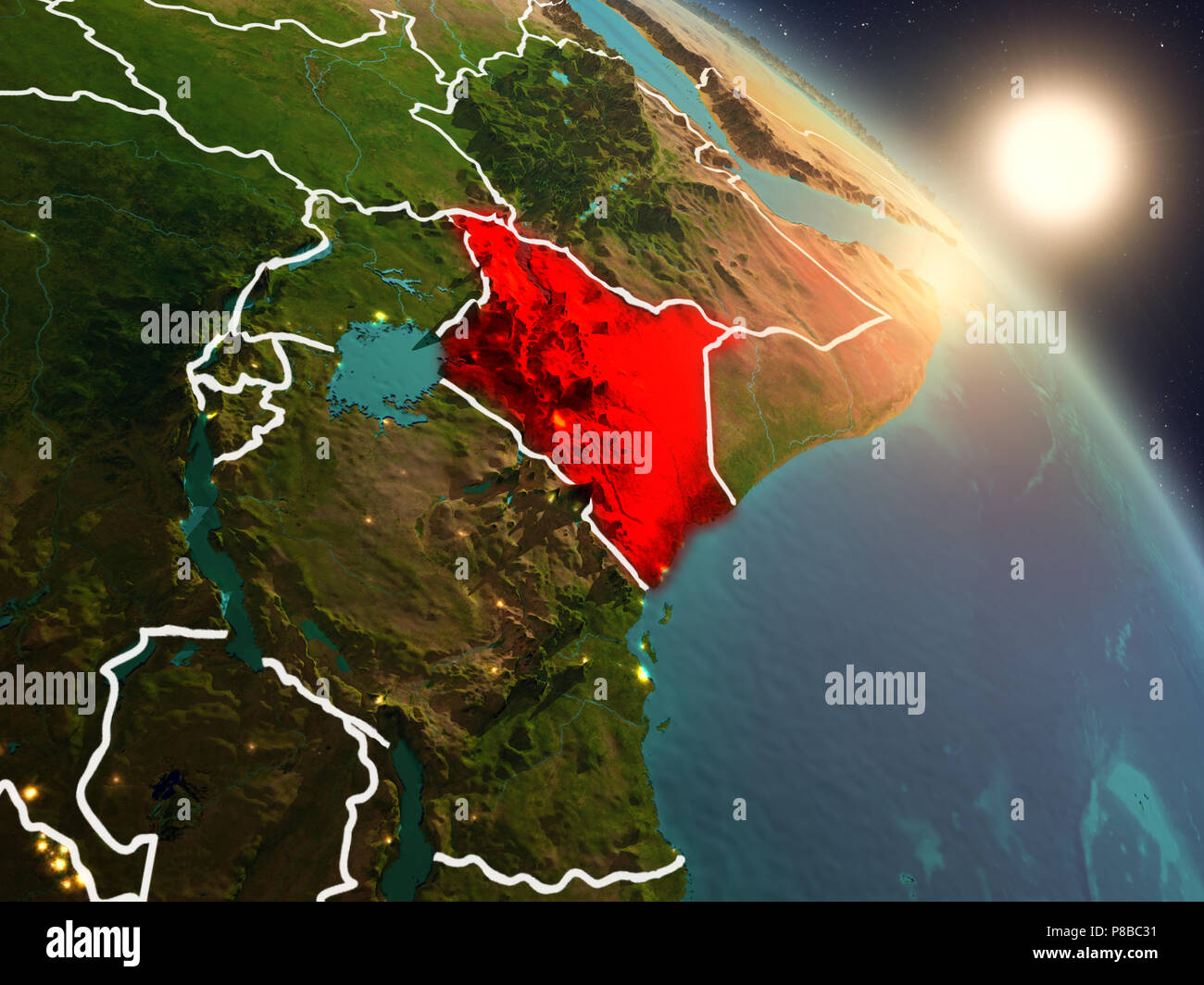 Sunset above Kenya from space on planet Earth with visible country ...