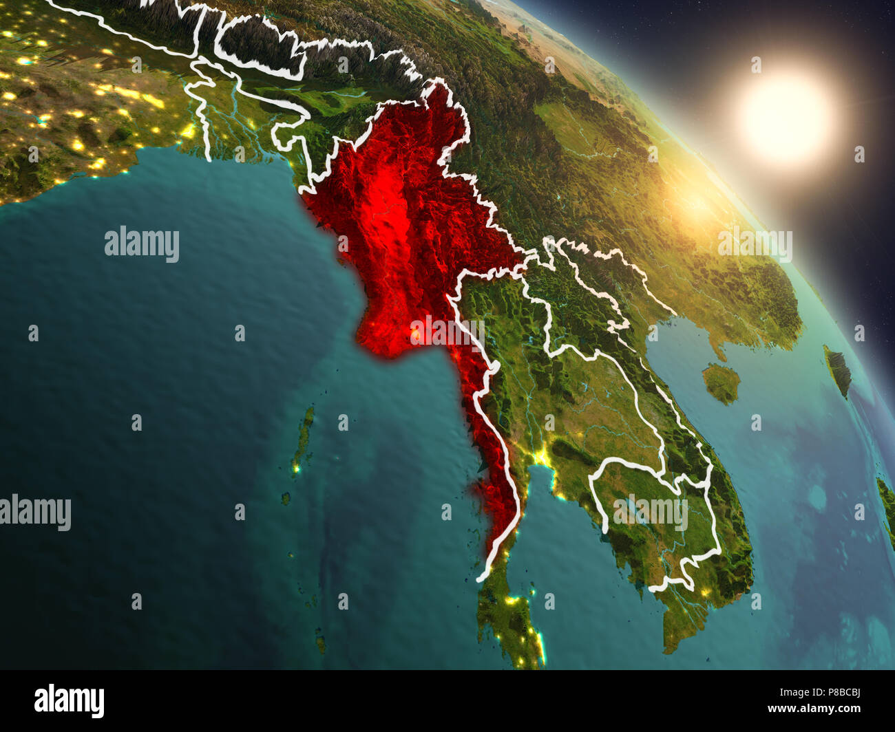 Sunset above Myanmar from space on planet Earth with visible country ...