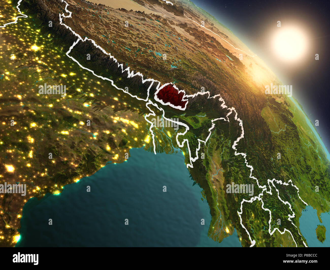 Sunset above Bhutan from space on planet Earth with visible country ...