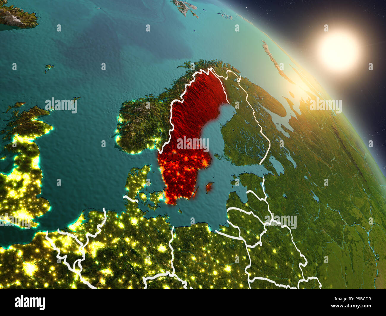 Sunset above Sweden from space on planet Earth with visible country ...