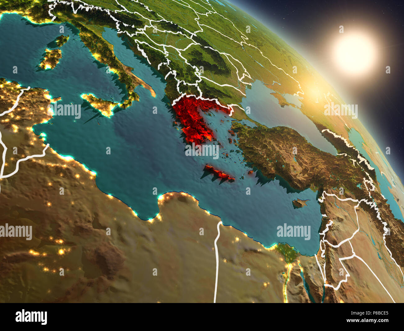 Sunset above Greece from space on planet Earth with visible country ...