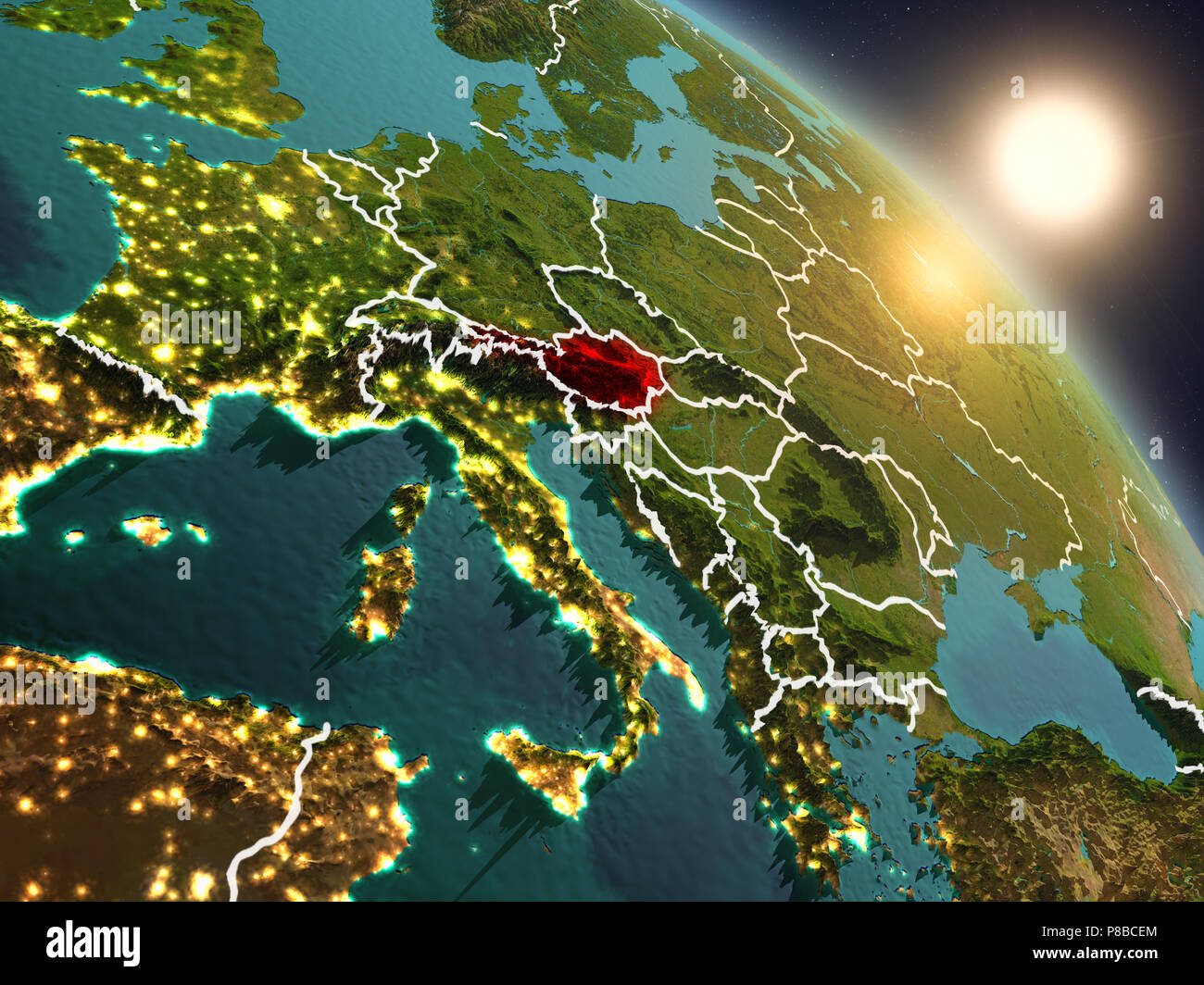 Sunset above Austria from space on planet Earth with visible country ...