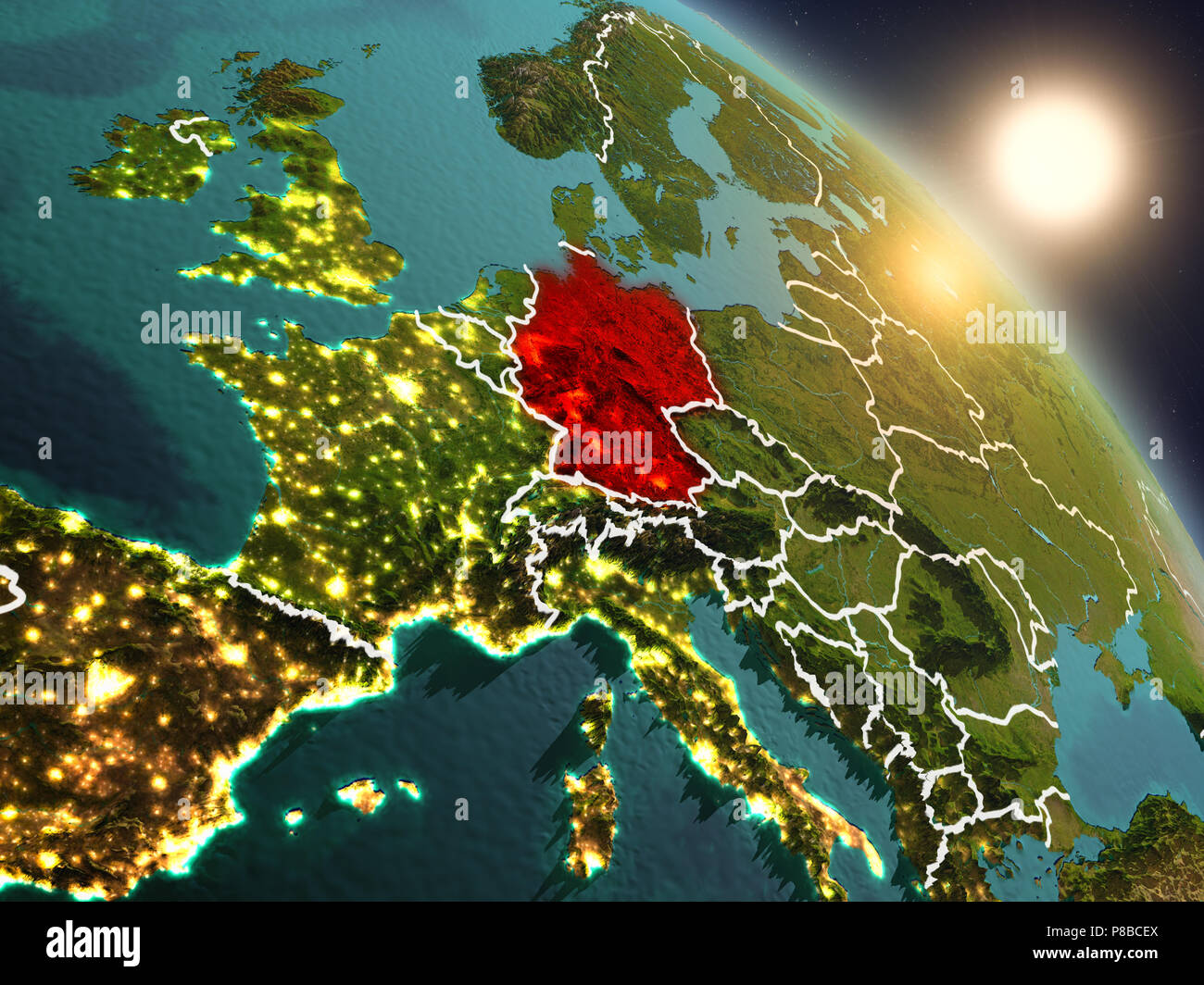Sunset above Germany from space on planet Earth with visible country ...