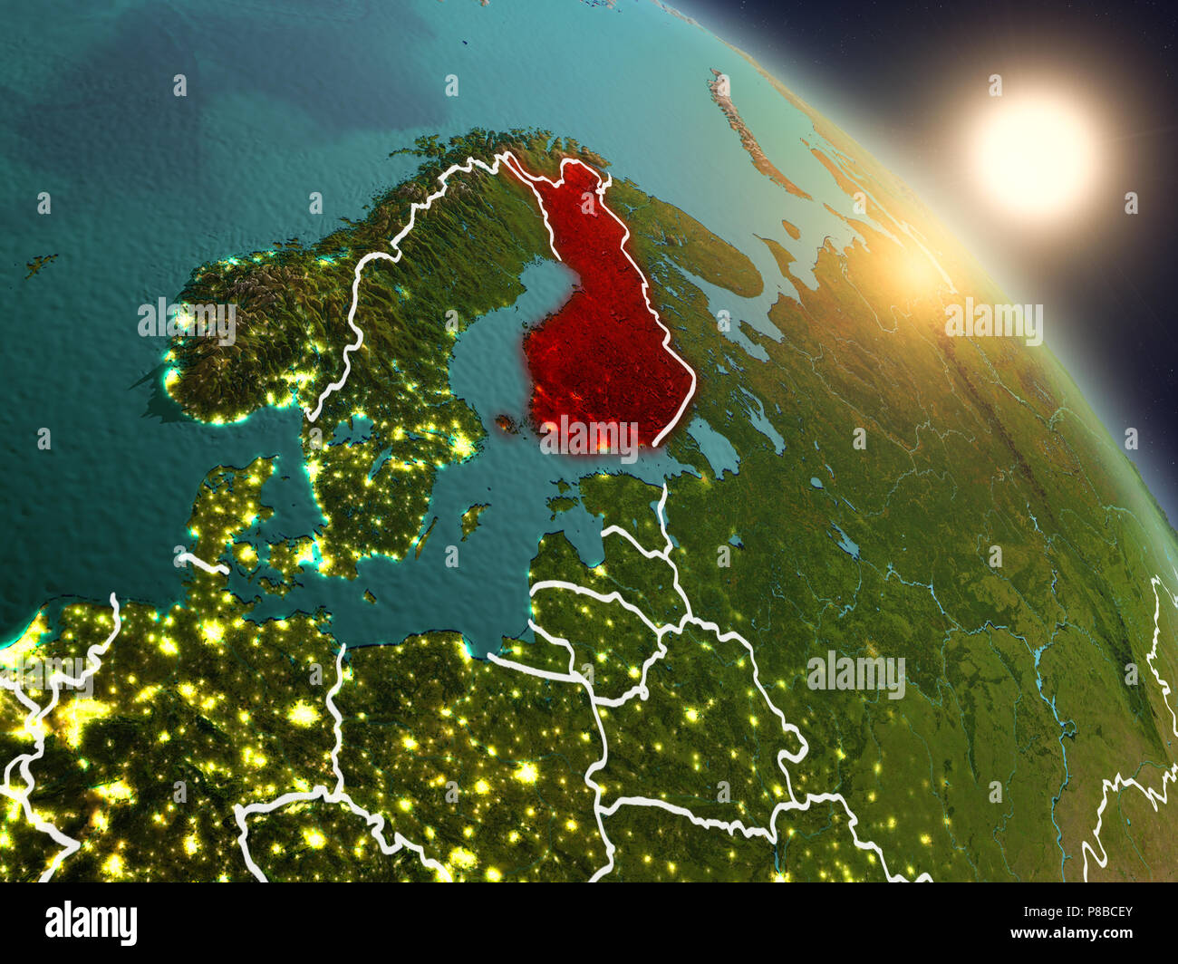 Sunset above Finland from space on planet Earth with visible country ...