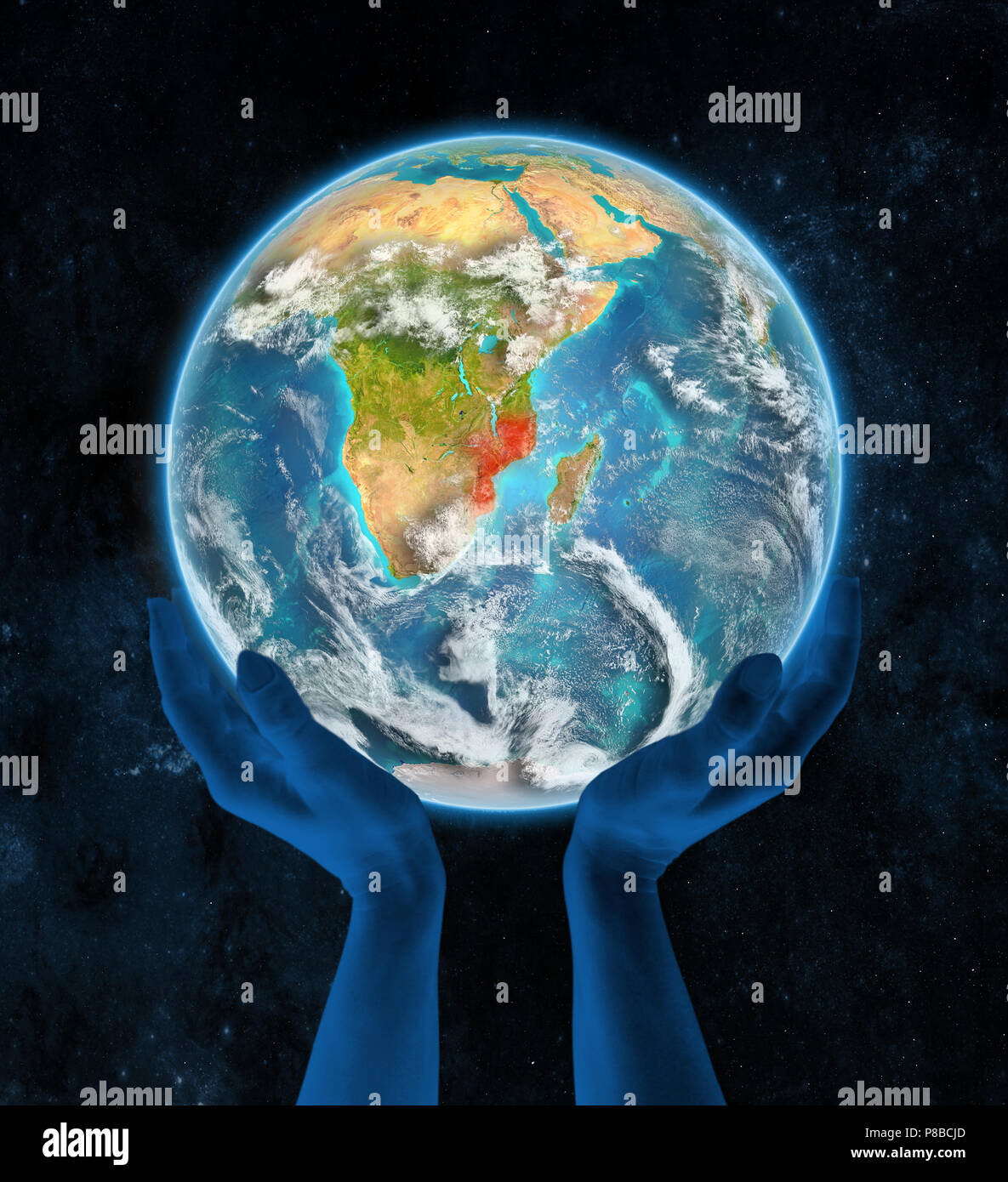 Mozambique on Earth in hands in space. 3D illustration Stock Photo - Alamy