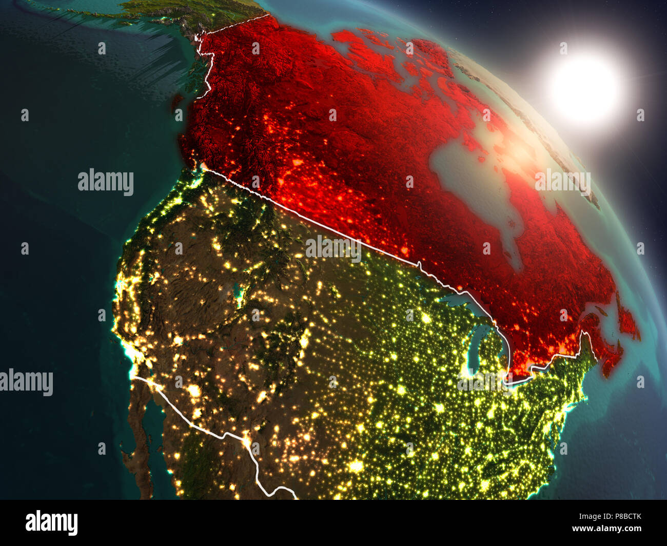Sunset above Canada from space on planet Earth with visible country ...
