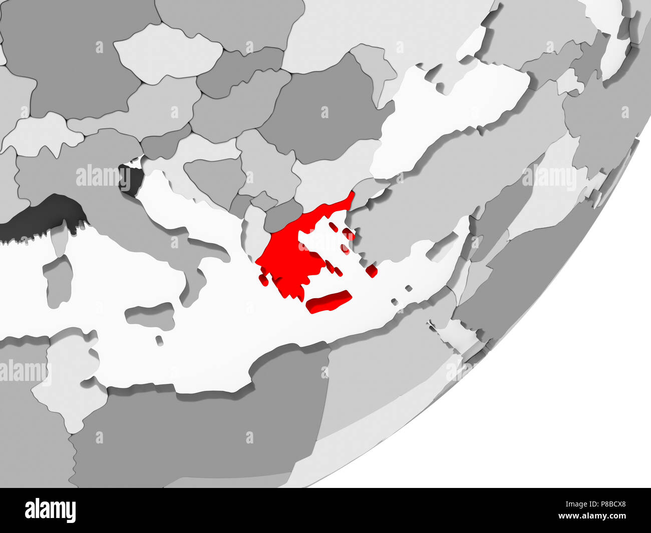 Illustration of Greece highlighted in red on grey globe with ...