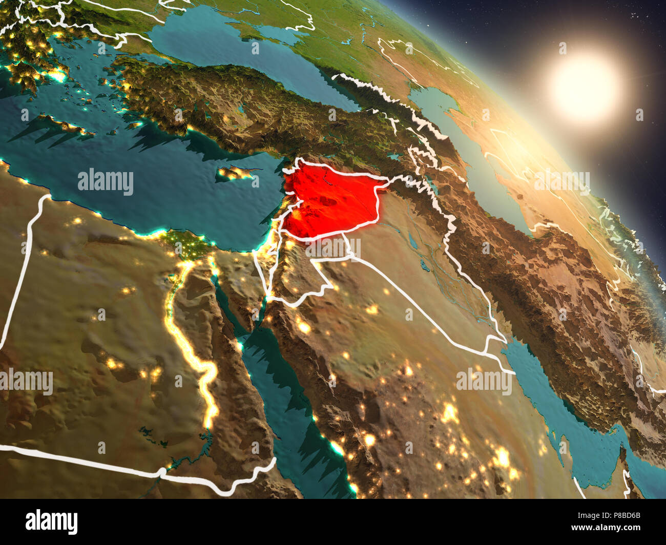 Sunset above Syria from space on planet Earth with visible country ...