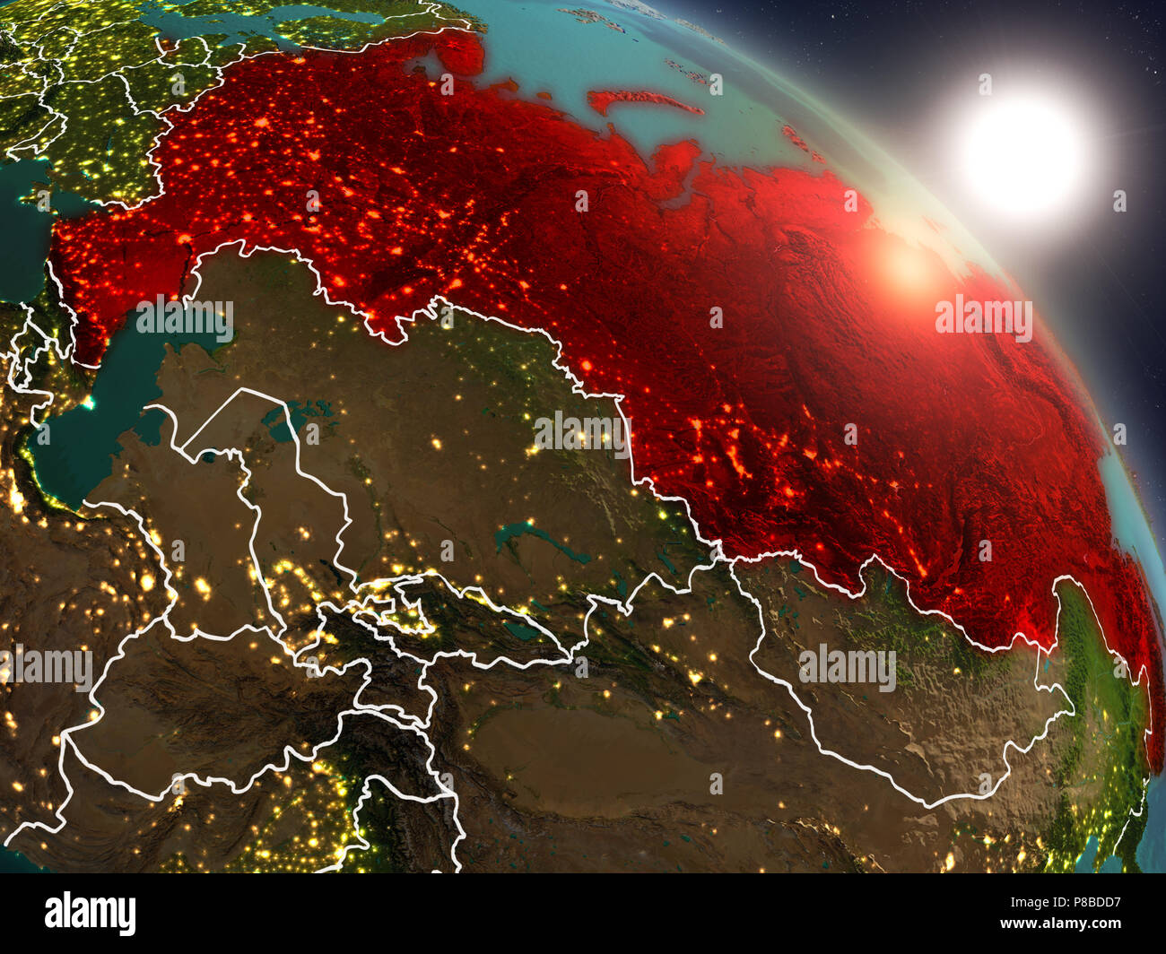 Sunset above Russia from space on planet Earth with visible country ...
