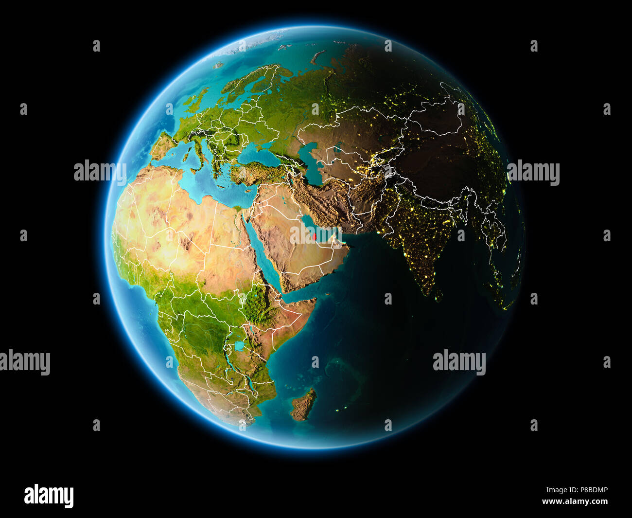 Qatar from orbit of planet Earth at night with highly detailed surface ...