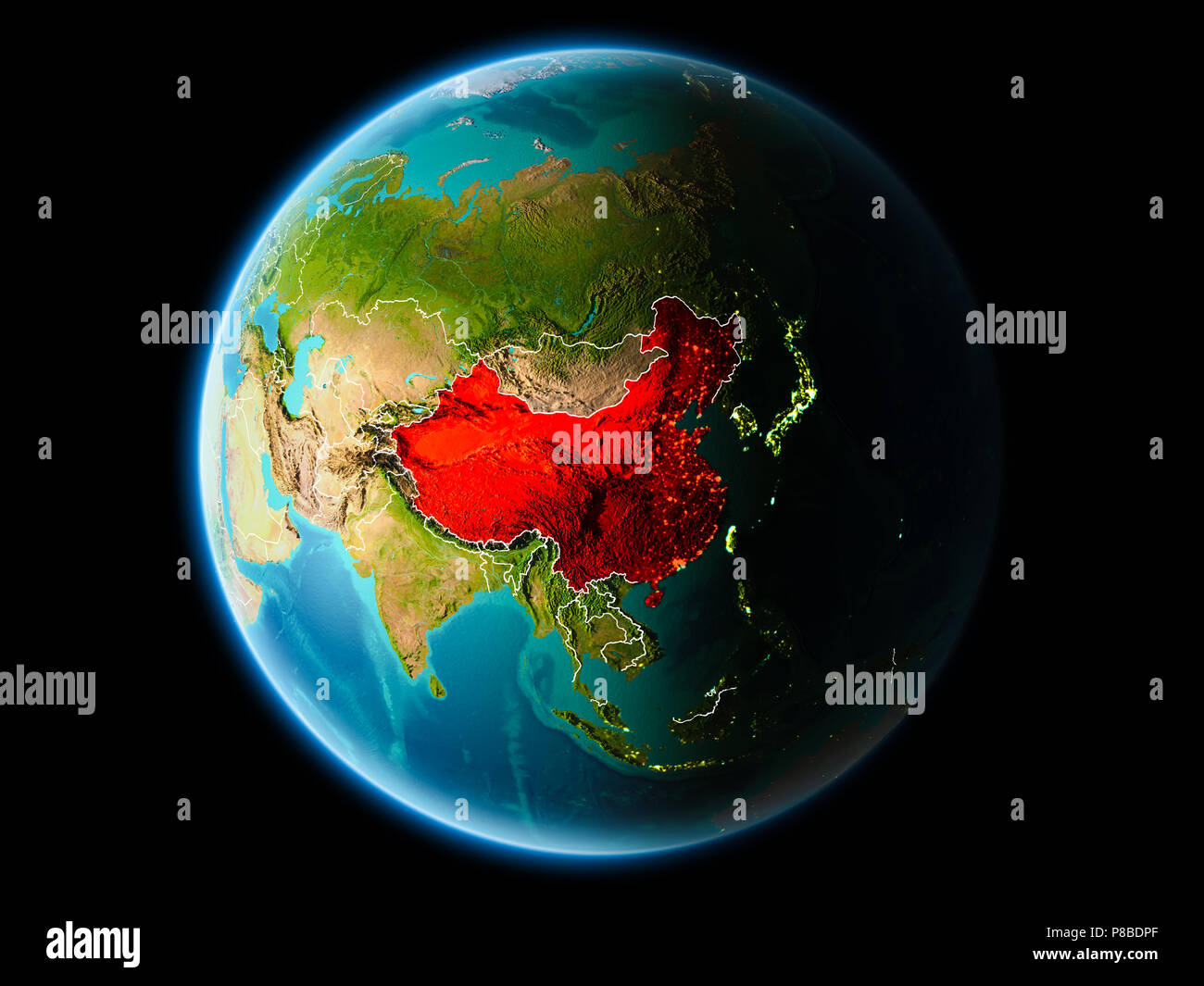 China from orbit of planet Earth at night with highly detailed surface ...