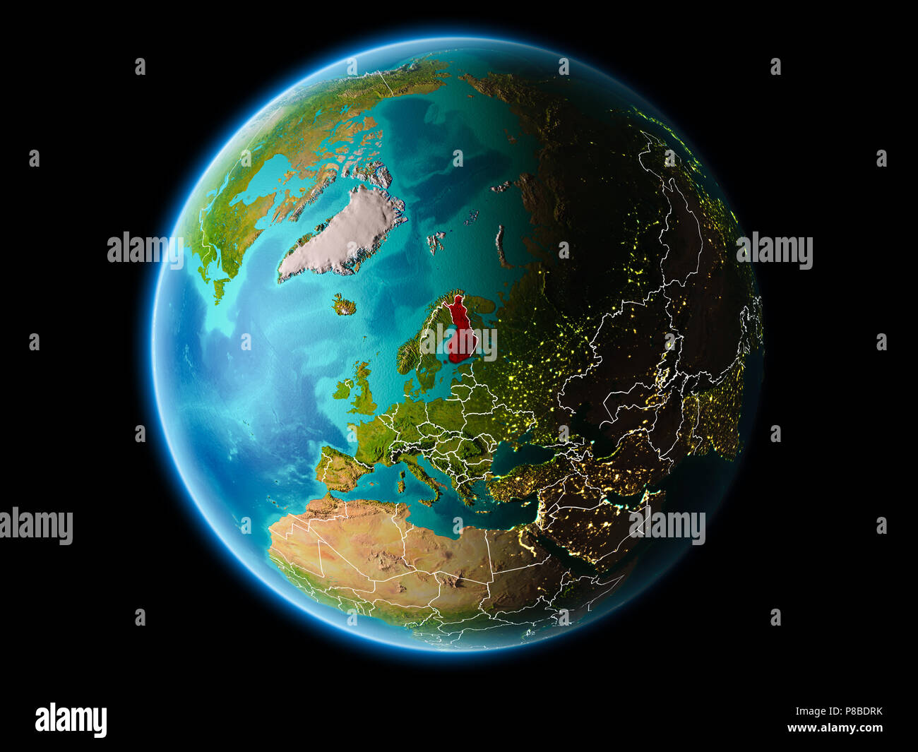 Finland from orbit of planet Earth at night with highly detailed ...